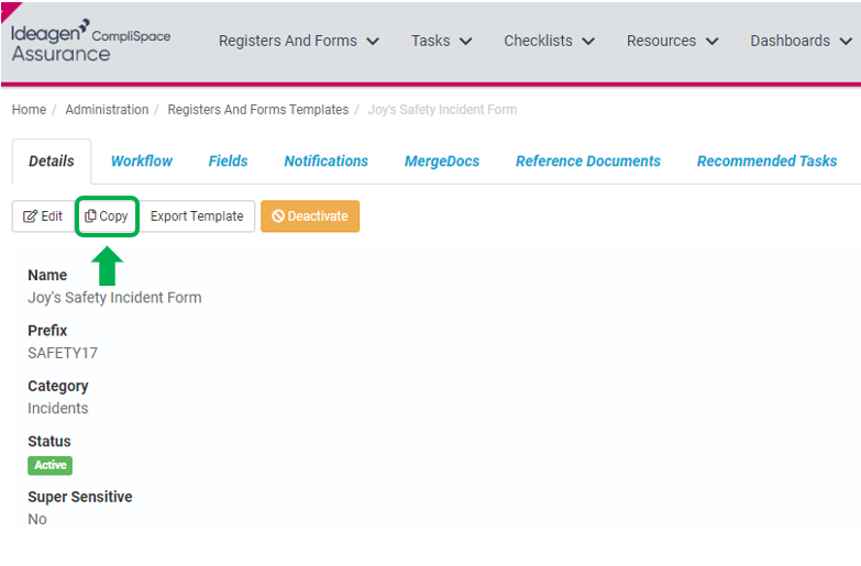 How to Copy an Existing Registers and Forms Template in Assurance – CompliSpace