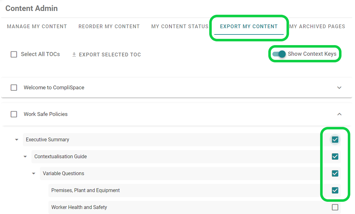 Export multiple pages with or without context keys highlighted from 'Content Admin' – CompliSpace
