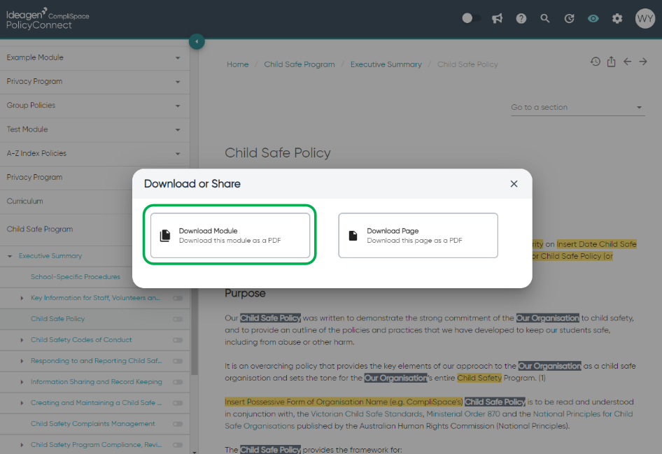 Exporting an Entire Module – CompliSpace