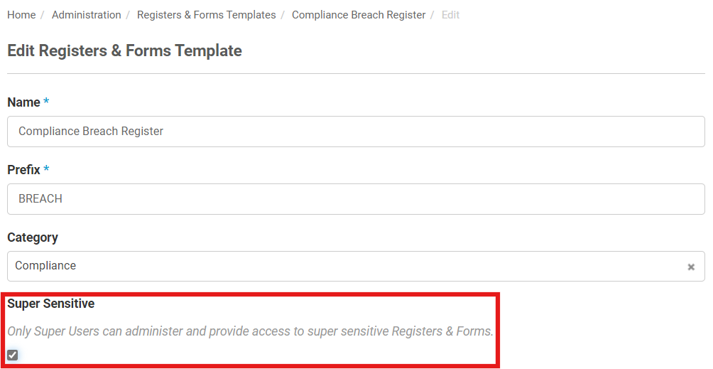 Setting a register template as Super Sensitive – CompliSpace