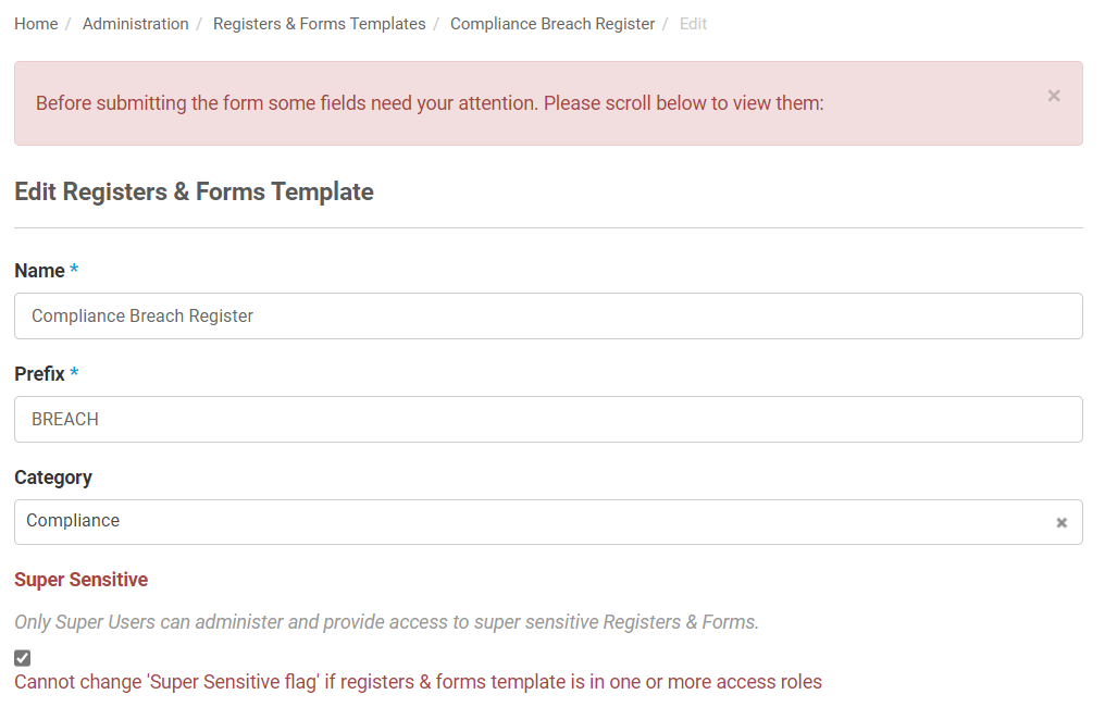 Setting a register template as Super Sensitive – CompliSpace