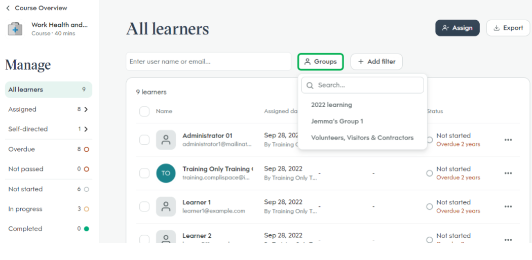 How to Use the Manage Page to Filter Groups with Assigned Learning – CompliSpace
